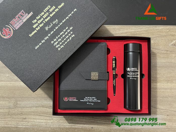 Bộ Giftset Cao cấp (Sổ tay+ Bình & Bút ký) - In khắc logo Trường ĐH Y ...